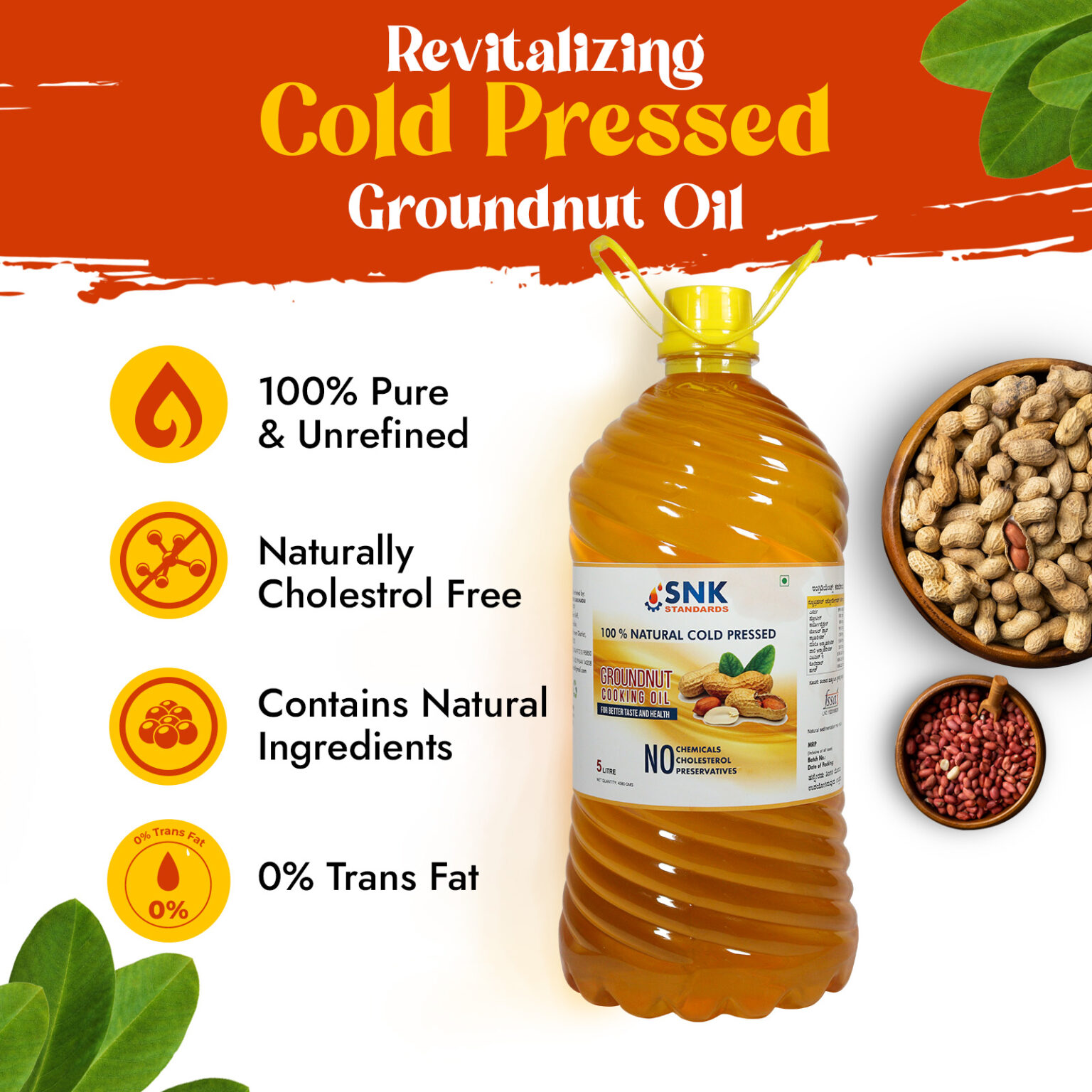 Groundnut (Peanut) Oil – Pure and Unrefined Cold Pressed Oil – 5 Litre ...